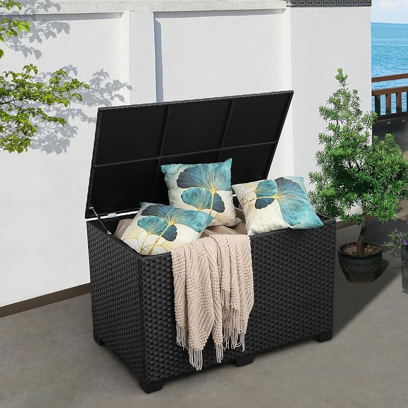 Outdoor Wicker Storage Box, Big Size,Resin Black Rattan Deck Bin with ...