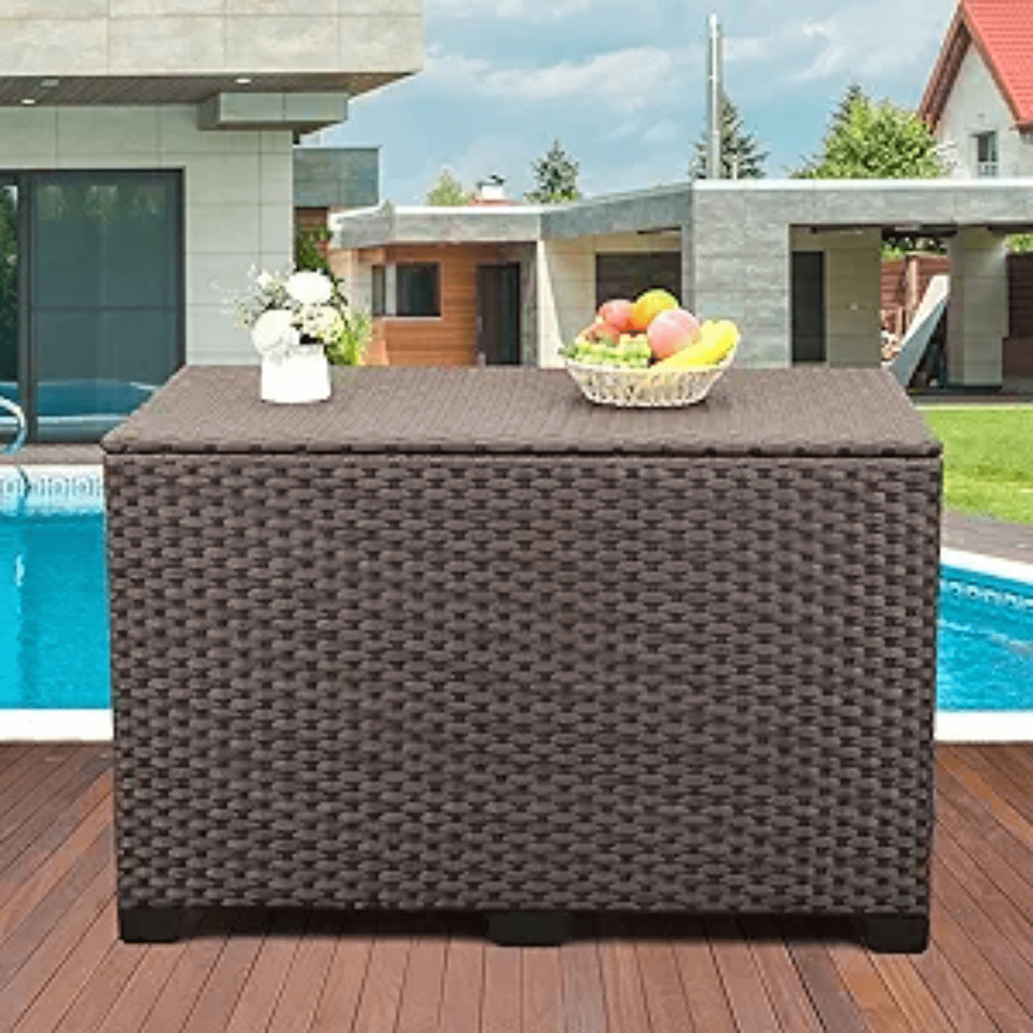 Outdoor Wicker Storage Box, Big Size,Resin Brown Rattan Deck Bin with ...