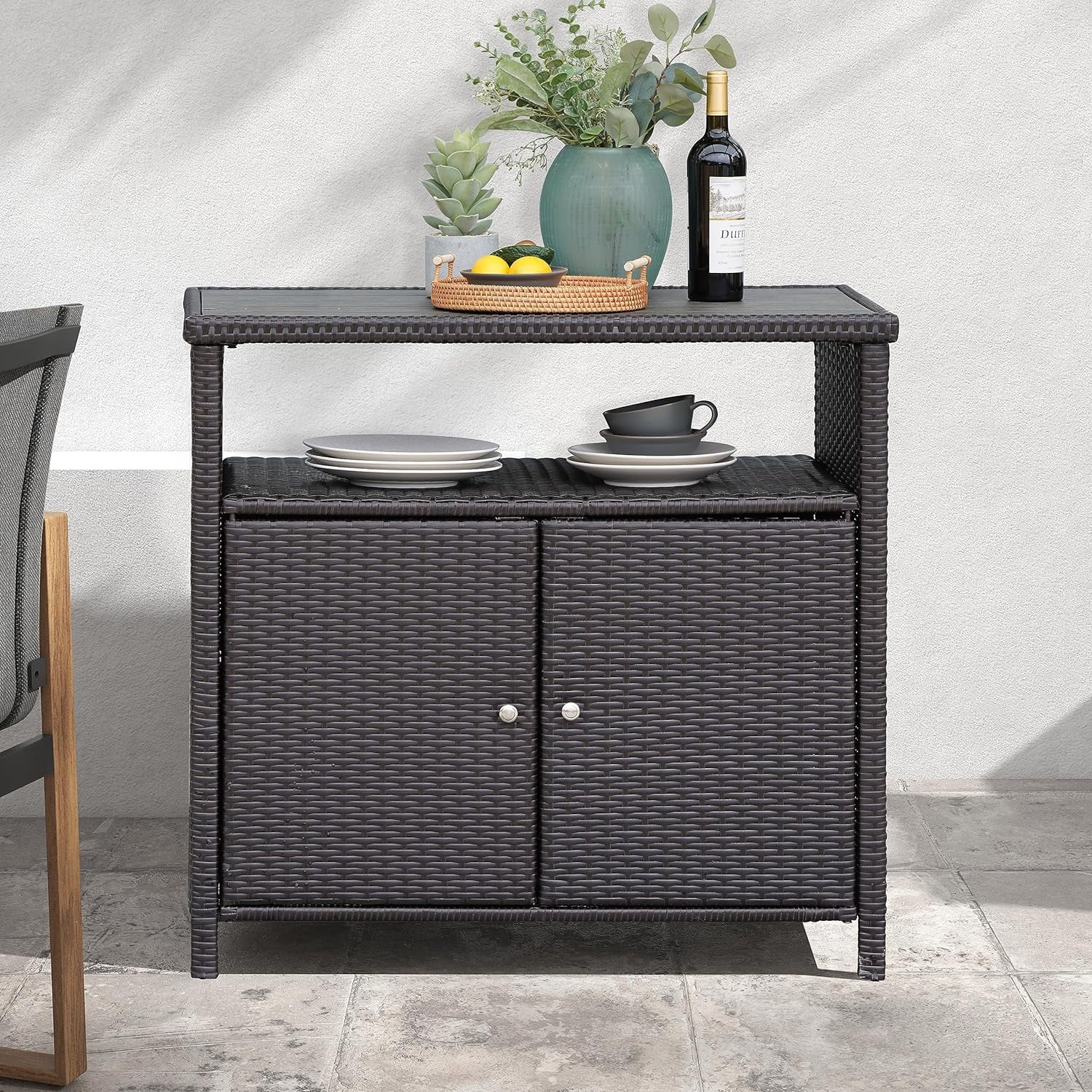 Outdoor Wicker Storage Cabinet 2-Door Wicker Shelf Buffet Cabinet, Dark ...