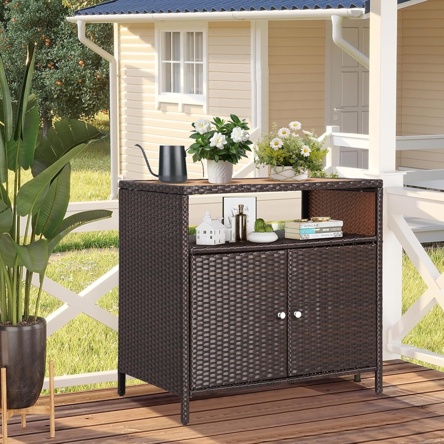 Outdoor Wicker Storage Cabinet Bar, Patio BBQ Sideboard Buffet Cabinets ...