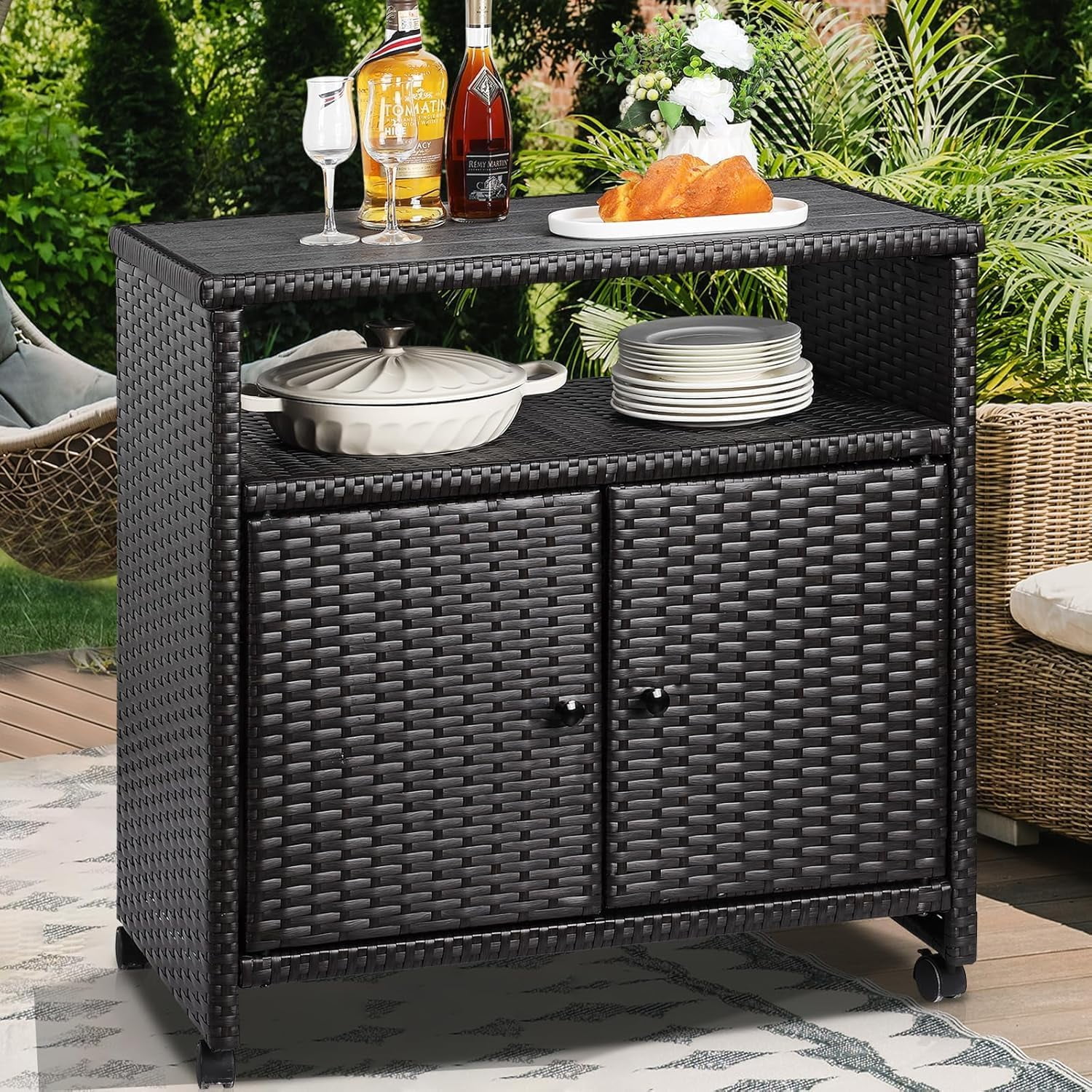 Outdoor Wicker Storage Cabinet - Patio Bar Table with 2 Doors and ...