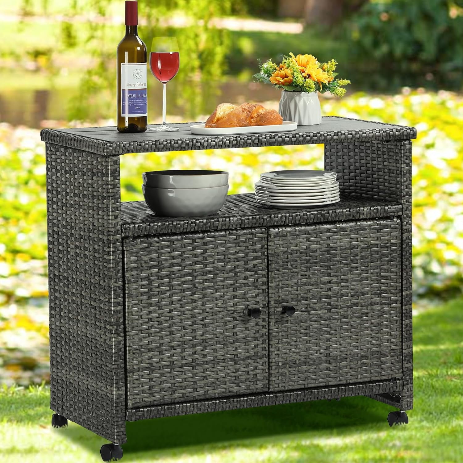 Outdoor Wicker Storage Cabinet - Patio Bar Table with Wheel,Outdoor ...
