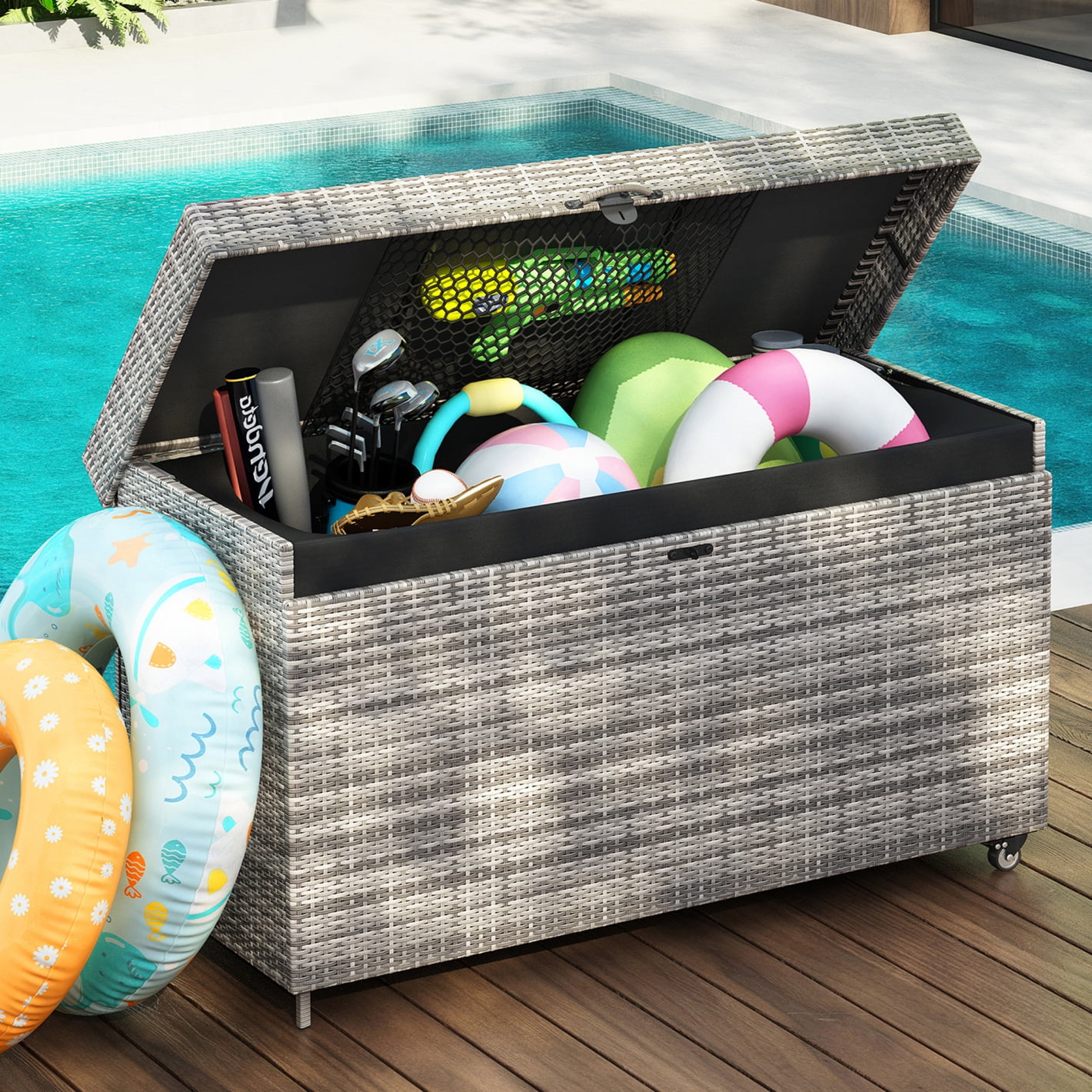 Outdoor Wicker Storage Deck Box with Hydraulic Lid & Wheels - 200 ...