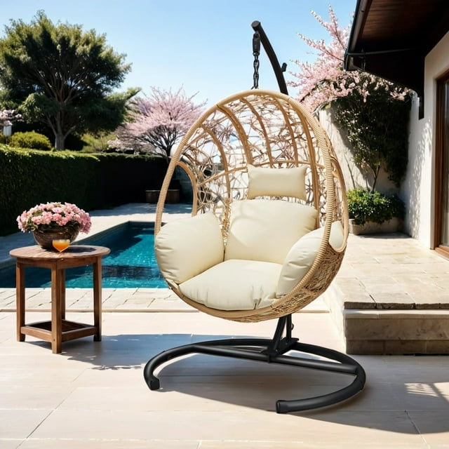 Outdoor Wicker Swing Egg Chair, PE Wicker Hanging Egg Chair with Stand ...