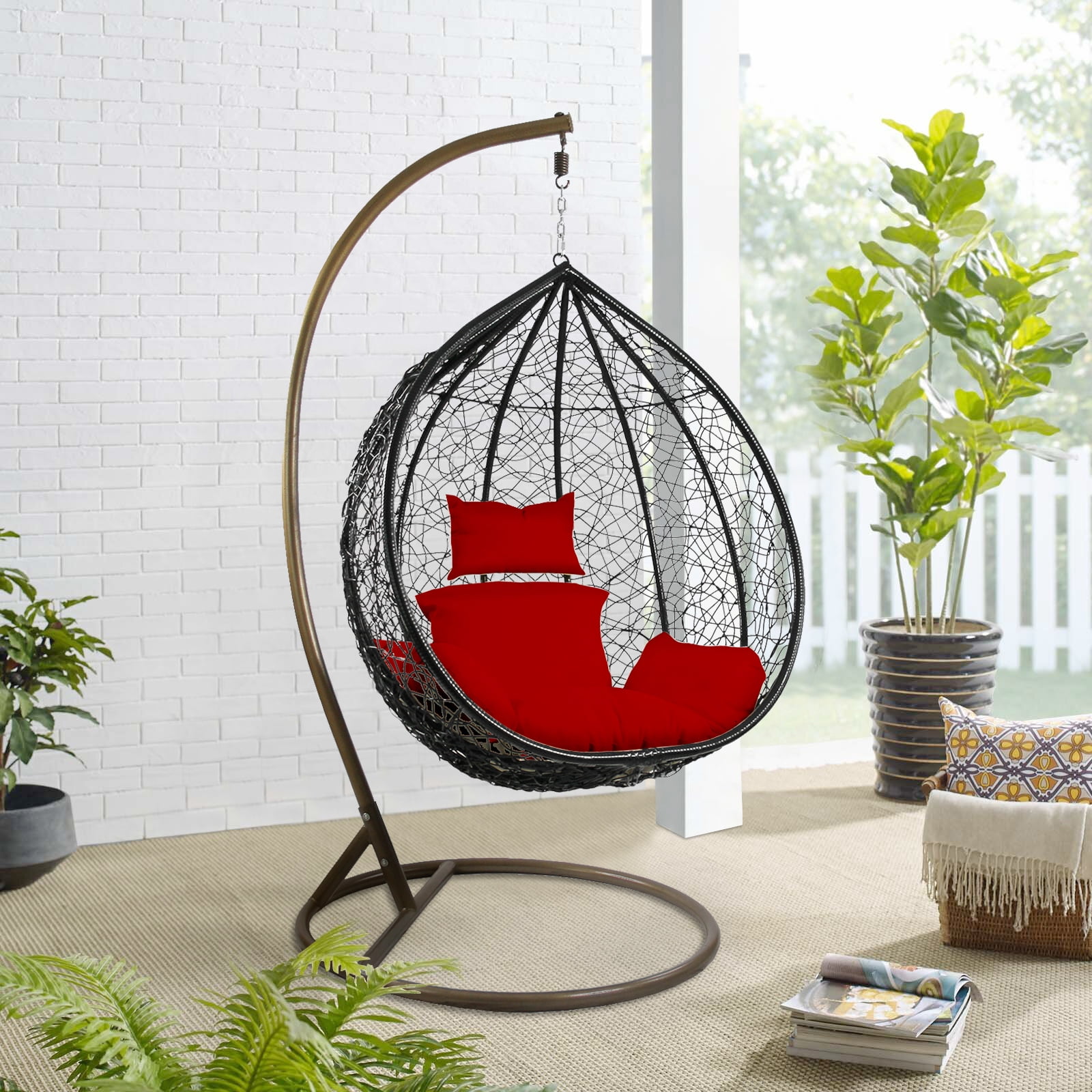 Outdoor Wicker Tear Drop Swing Chair with Red Mat - Patio Lounge Chair ...