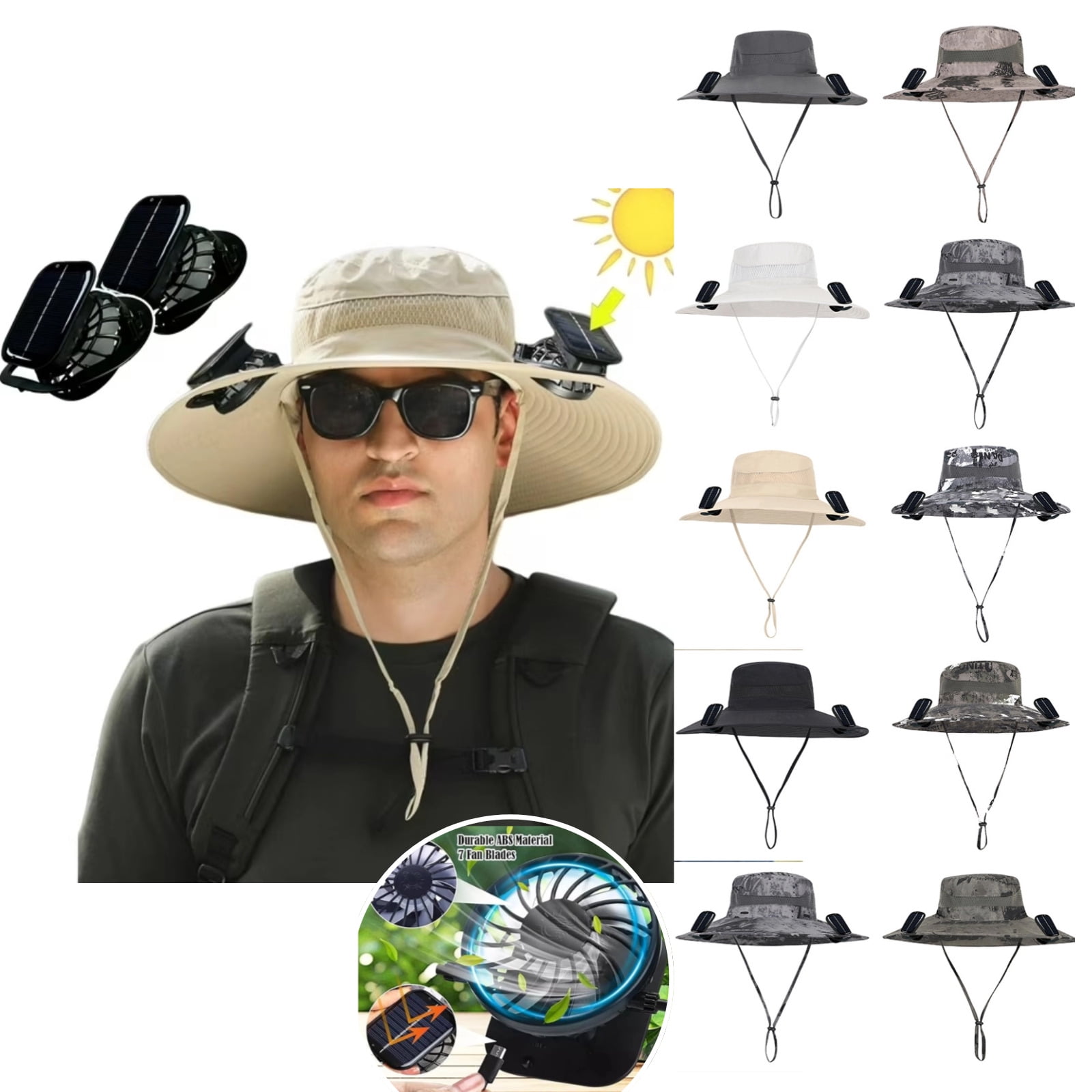 Outdoor Wide Brim Fan Hat Solar Powered, USB Charging, Removable Fans ...