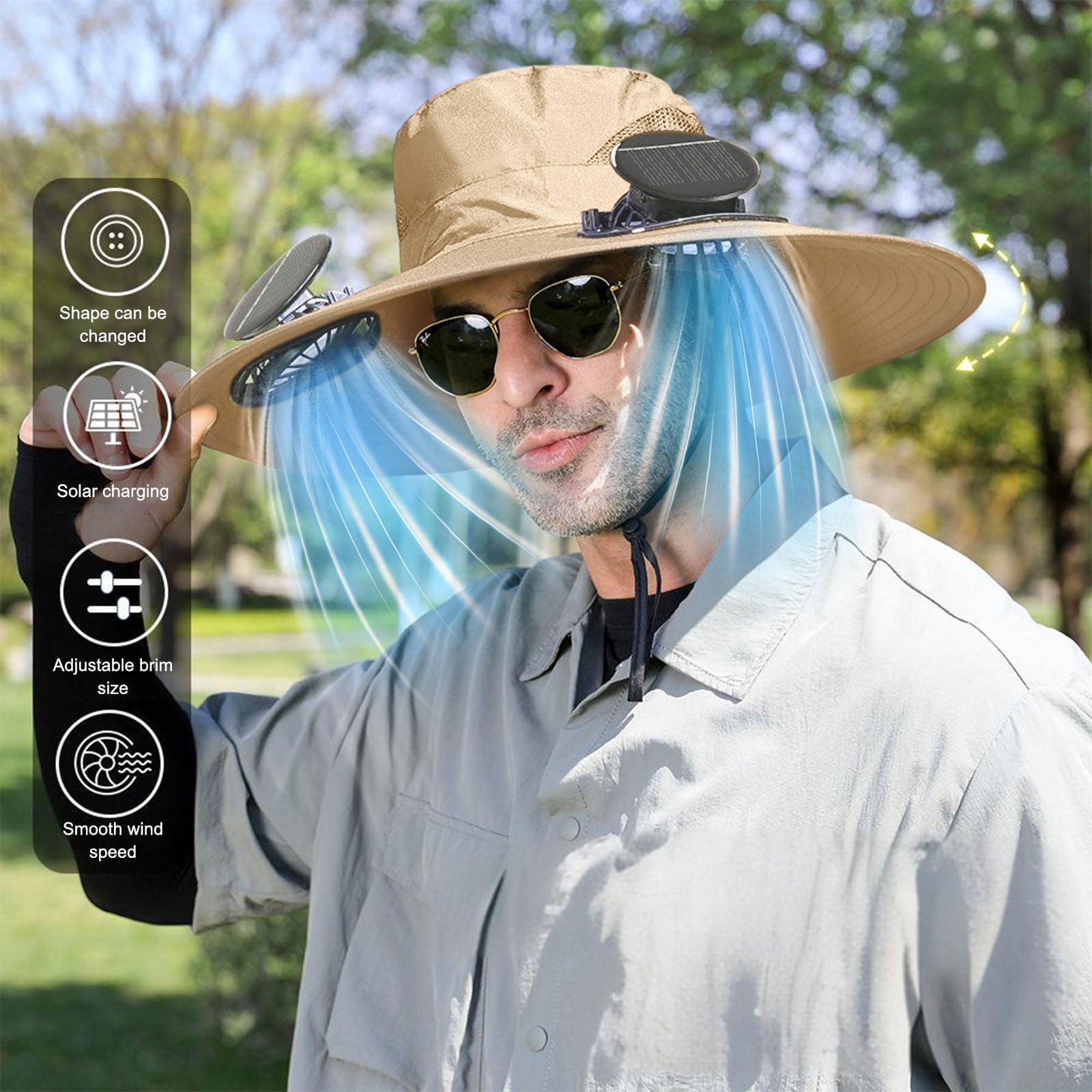 Outdoor Wide Brim Sun Hat with 2 Solar Fan, Solar Powered Fan Hat, Sun ...