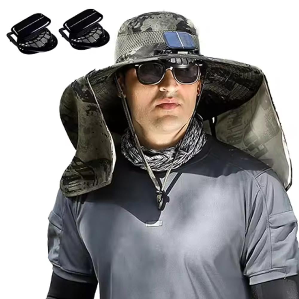 Outdoor Wide Brim Sun Hat with Dual Solar Fans,UPF 50 Bucket Hat for ...