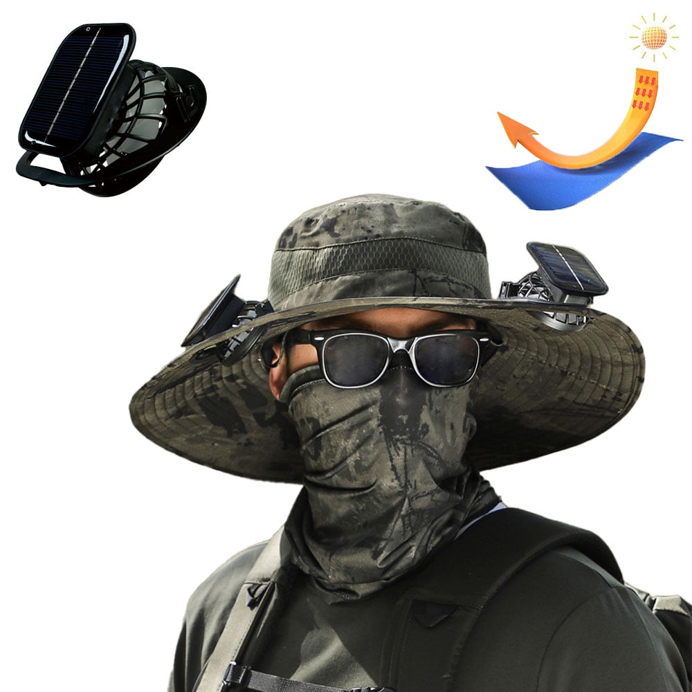Outdoor Wide Brim Sun Hat with Solar Fan, Solar & USB Charging Sun ...