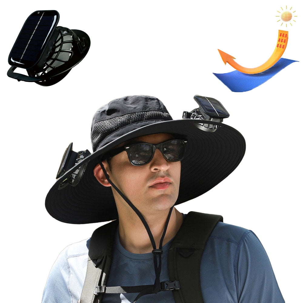 Outdoor Wide Brim Sun Hat with Solar Fan, Solar & USB Charging Sun ...