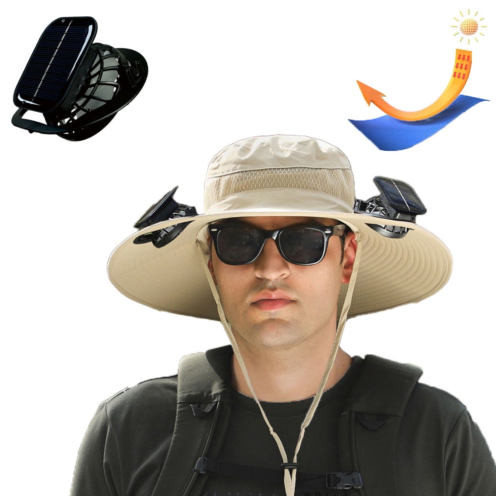 Outdoor Wide Brim Sun Hat with Solar Fan, Solar & USB Charging Sun ...