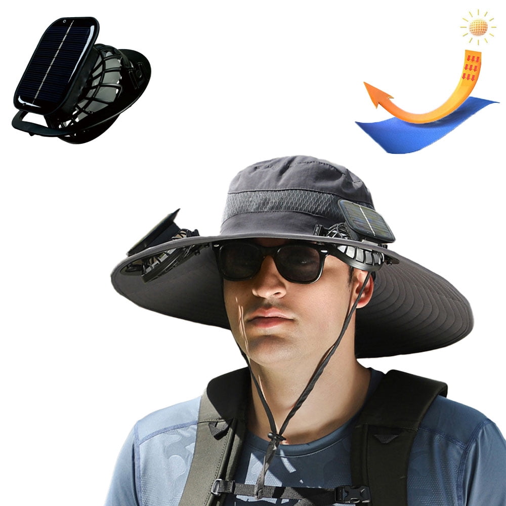 Outdoor Wide Brim Sun Hat with Solar Fan, Solar & USB Charging Sun ...