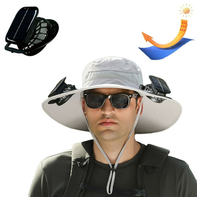 Outdoor Wide Brim Sun Hat with Solar Fan, Solar & USB Charging, UPF 50+, Cooling Built, Adults ...