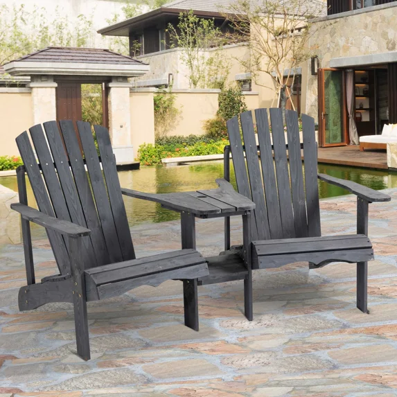 Outdoor Wood Adirondack Chair Reclined Bench w/ Coner Table & Umbrella ...