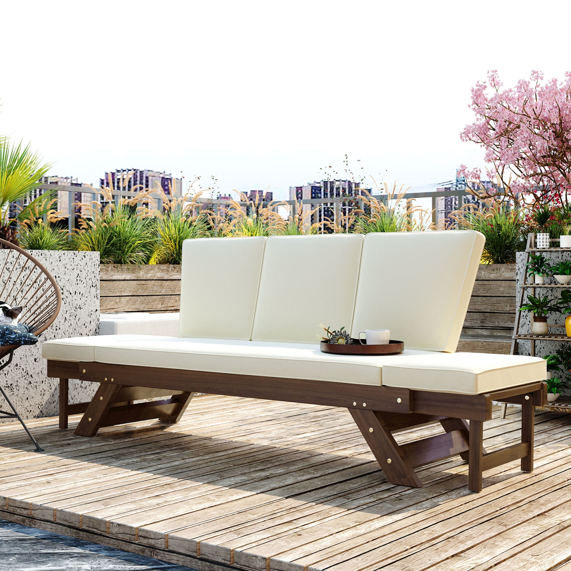 Outdoor Wood Adjustable Daybed, 3 Seater Day Bed Couch Sofa Chaise ...