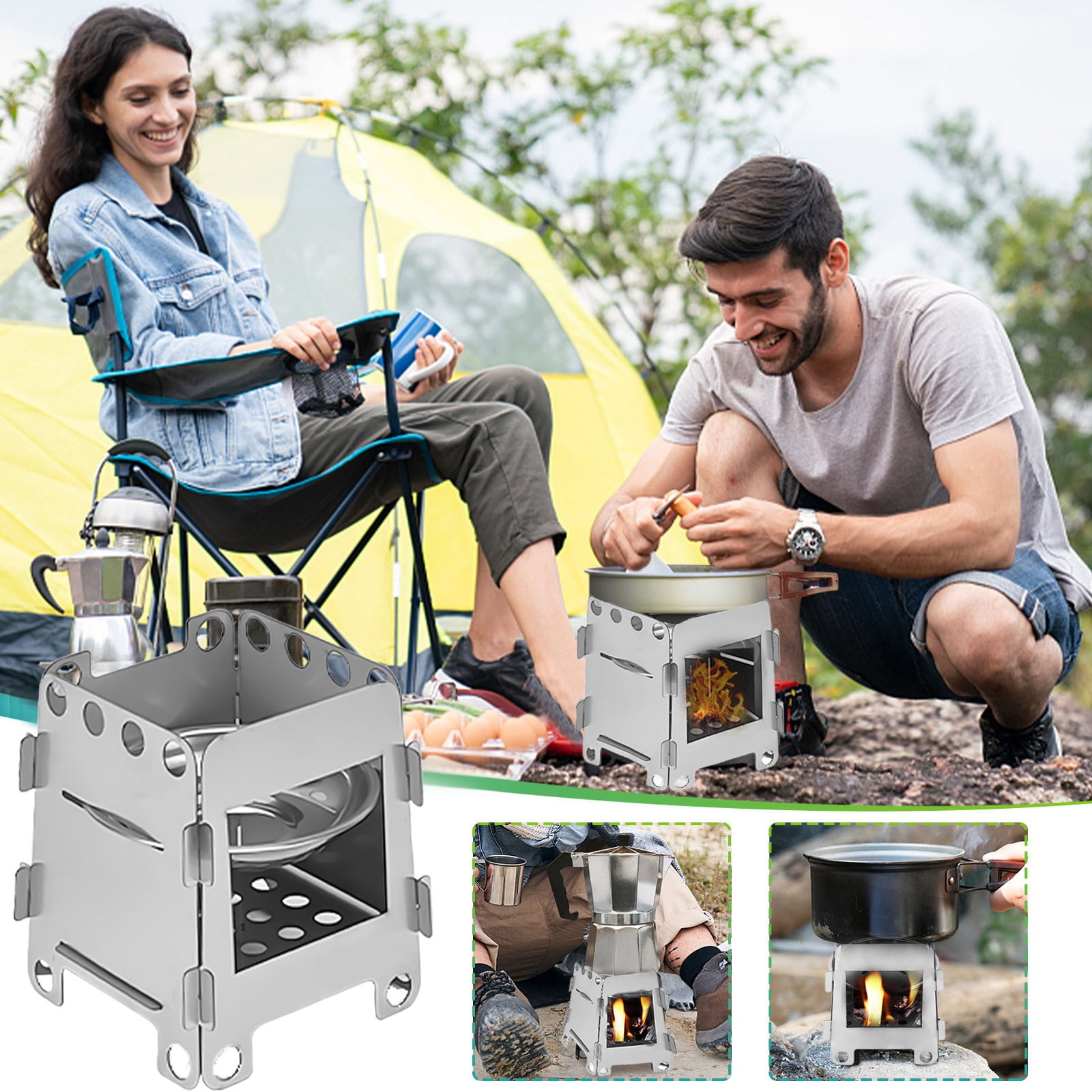 Outdoor Wood Burning BBQ Grill Pan Set | Stainless Steel Desktop Stove ...