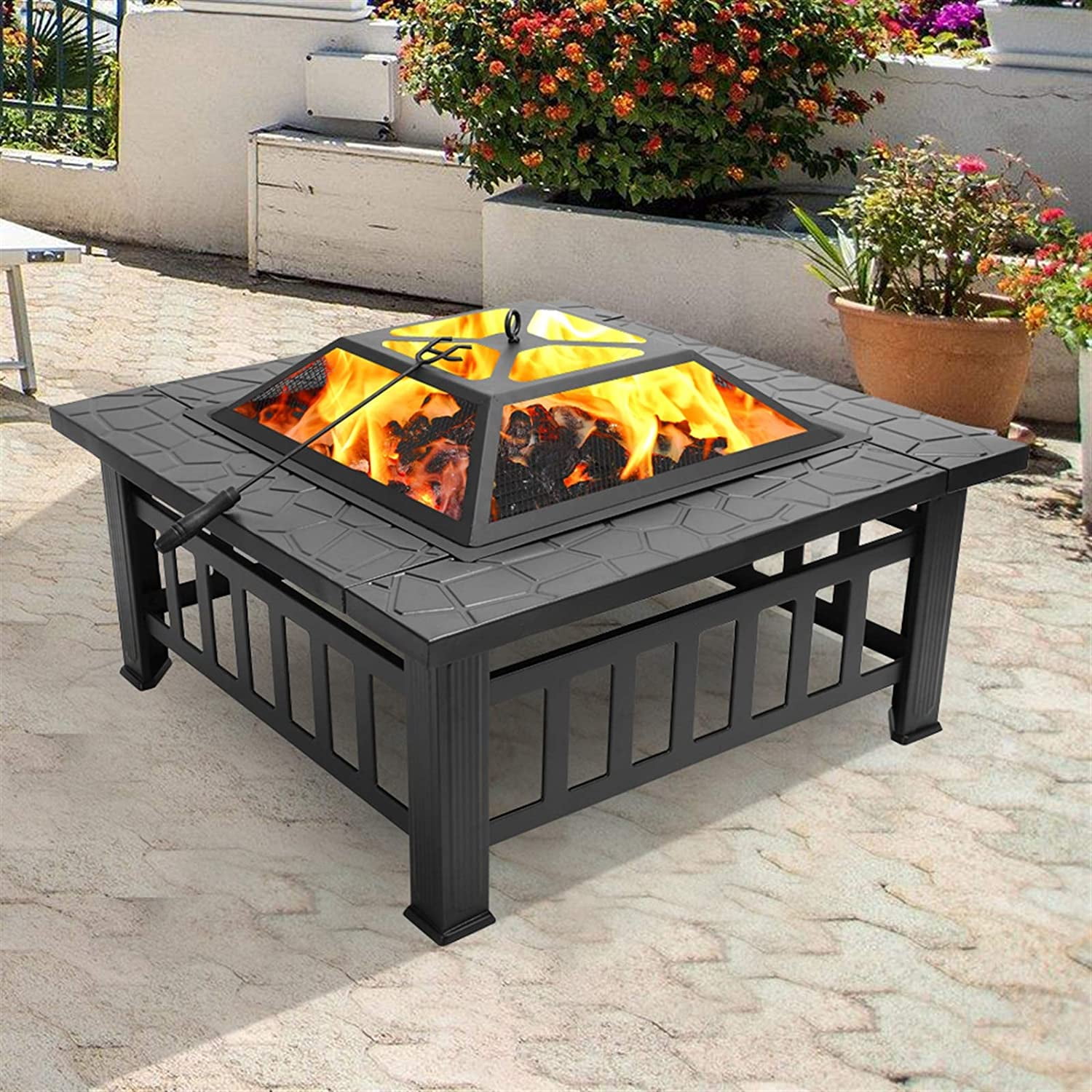 Outdoor Wood Burning Fire Pit, 32 Inch Square Metal Firepit for Outside ...