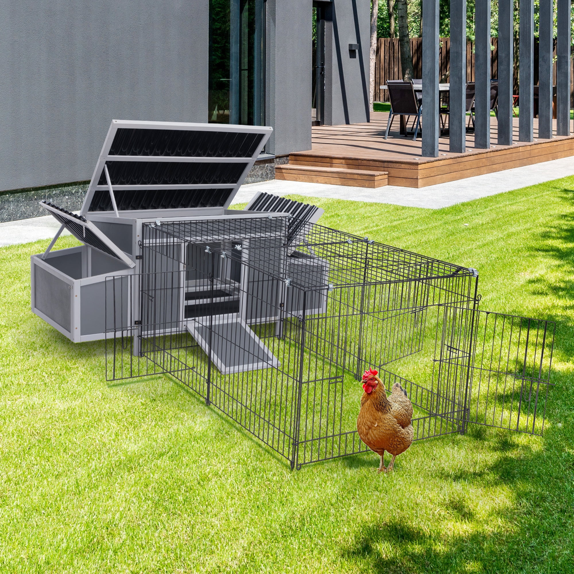 Outdoor Wood Chicken Coop with Wire Mesh Run, Nesting Boxes Large ...