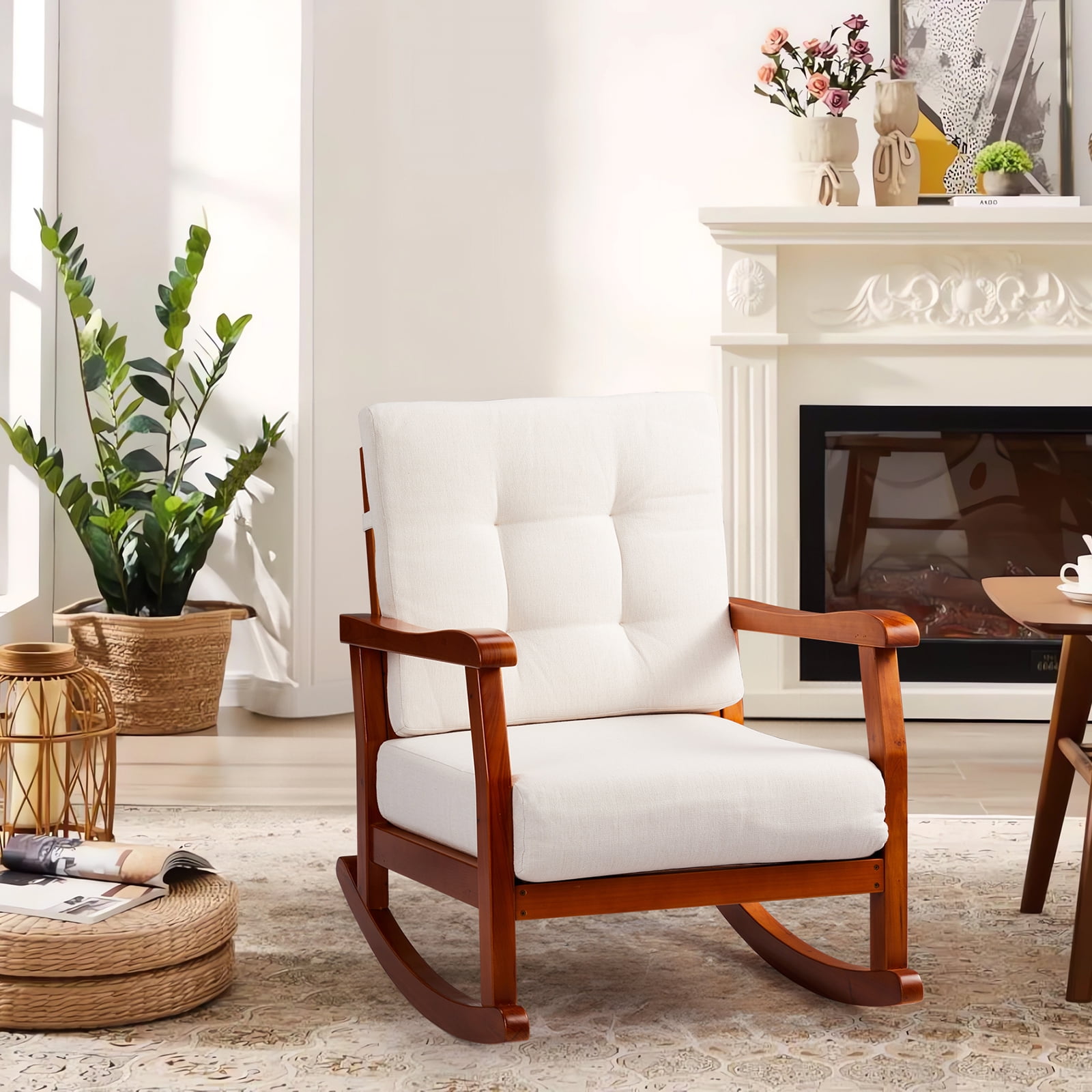 Outdoor Wood Rocking Chair with Detachable Washable Cushions, Patio ...