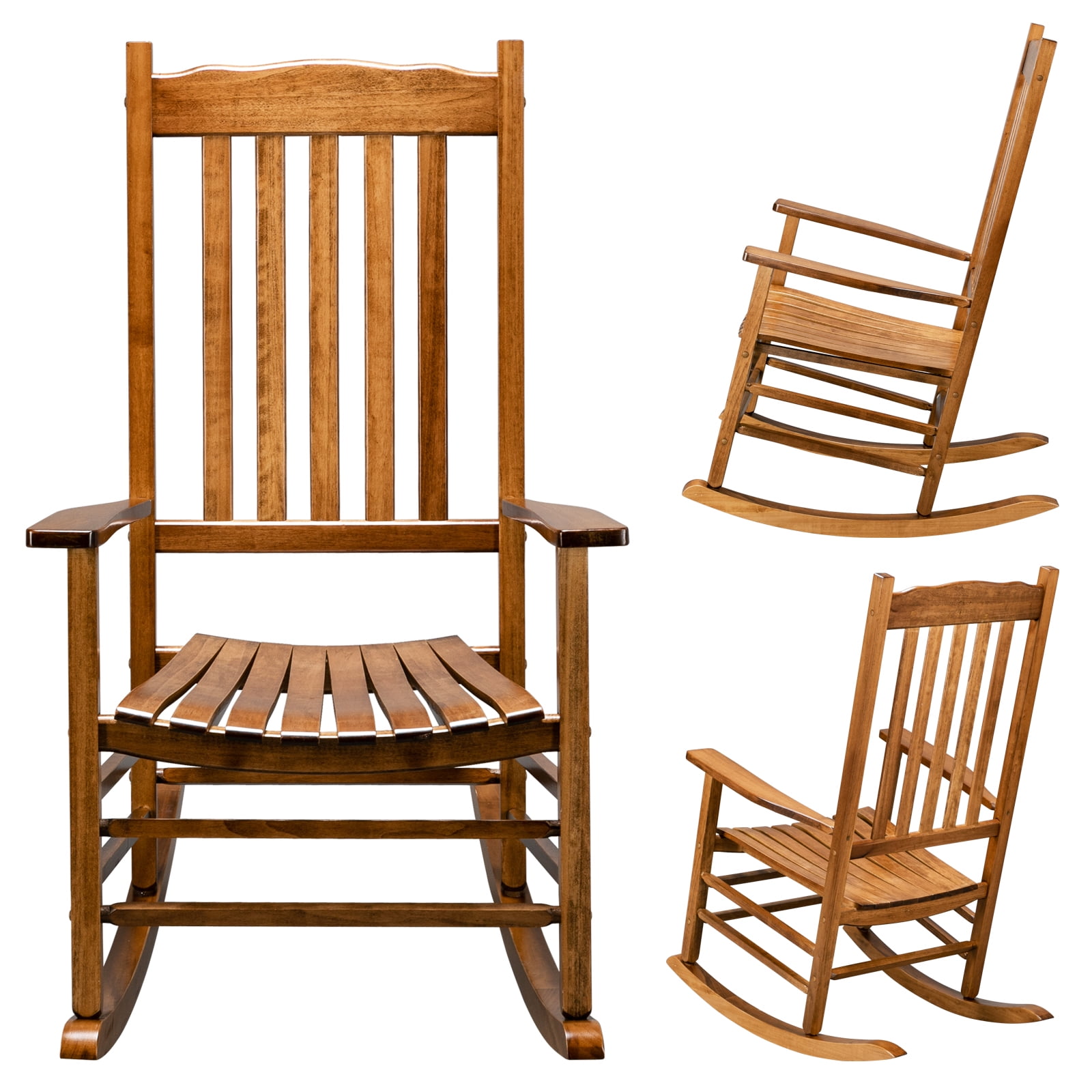 Outdoor Wood Rocking Chair, Wavy Backboard, Weatherproof Patio Rocker ...