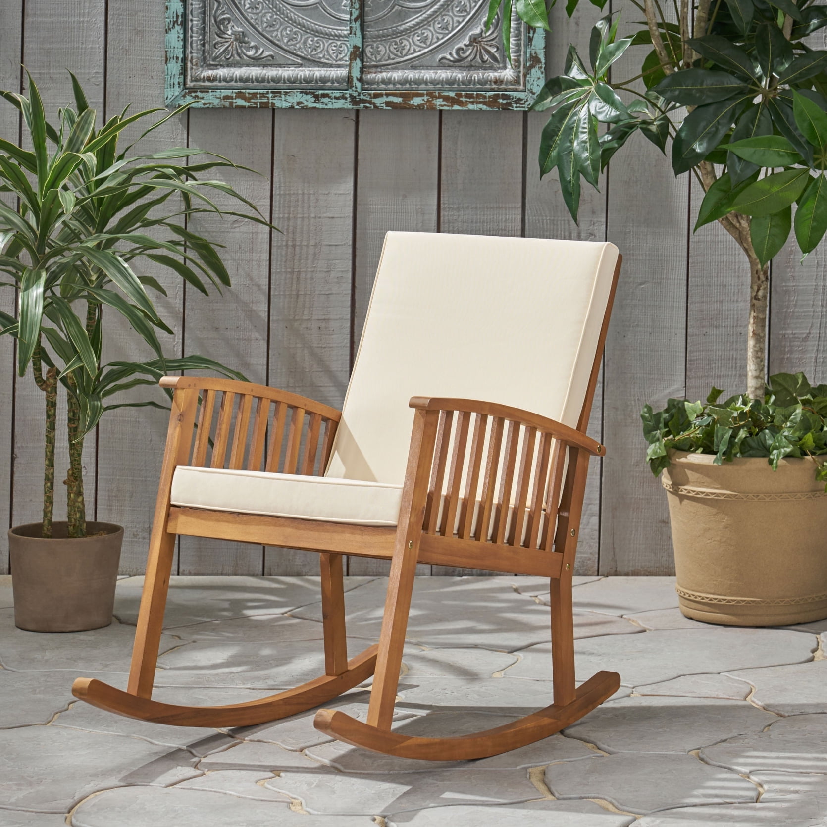 Outdoor Wood Rocking Chair, Wooden Rocker with Detachable Washable ...