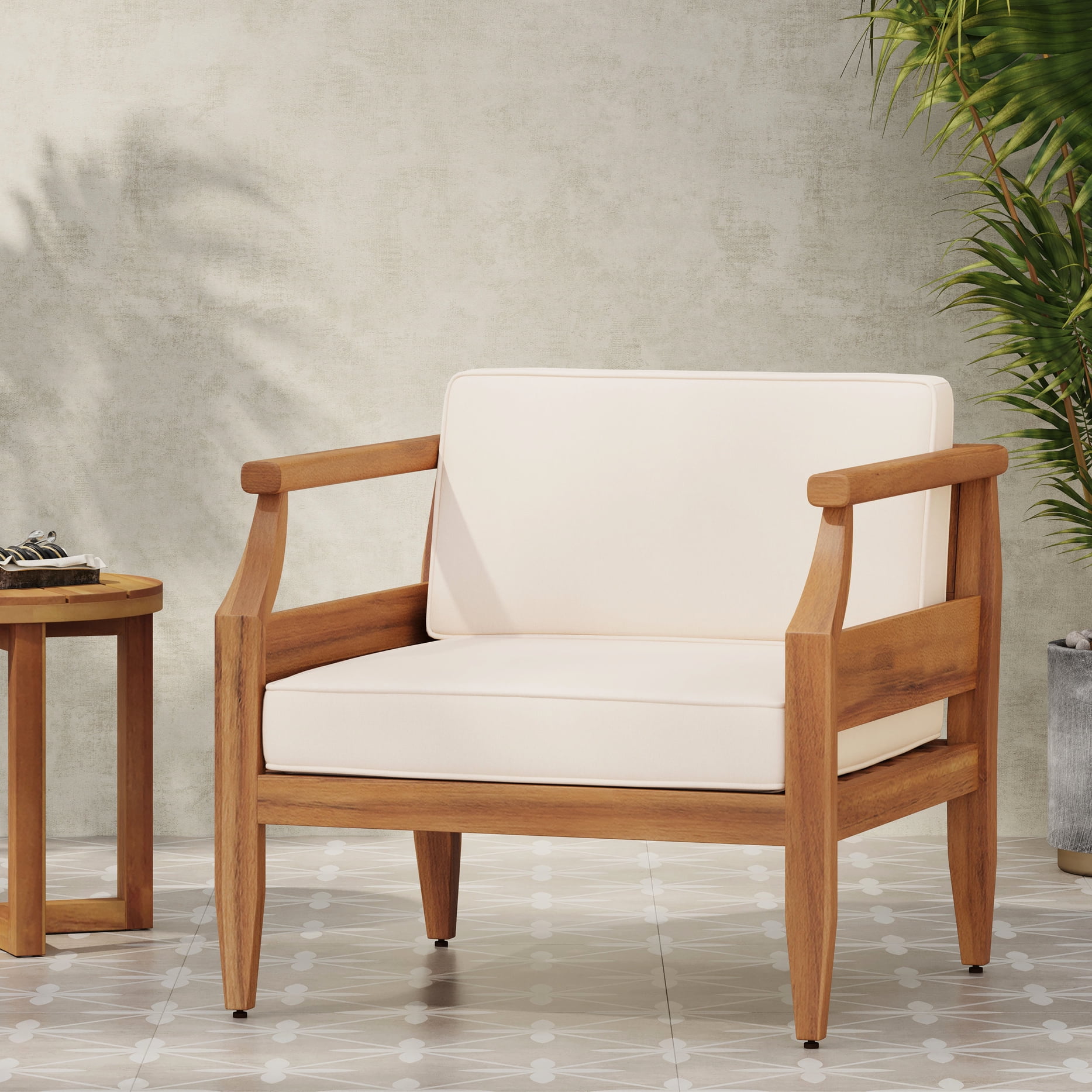 Outdoor Wood Seat - Club Style, Cream Cushions, , Open Slat , 30.64"w X ...