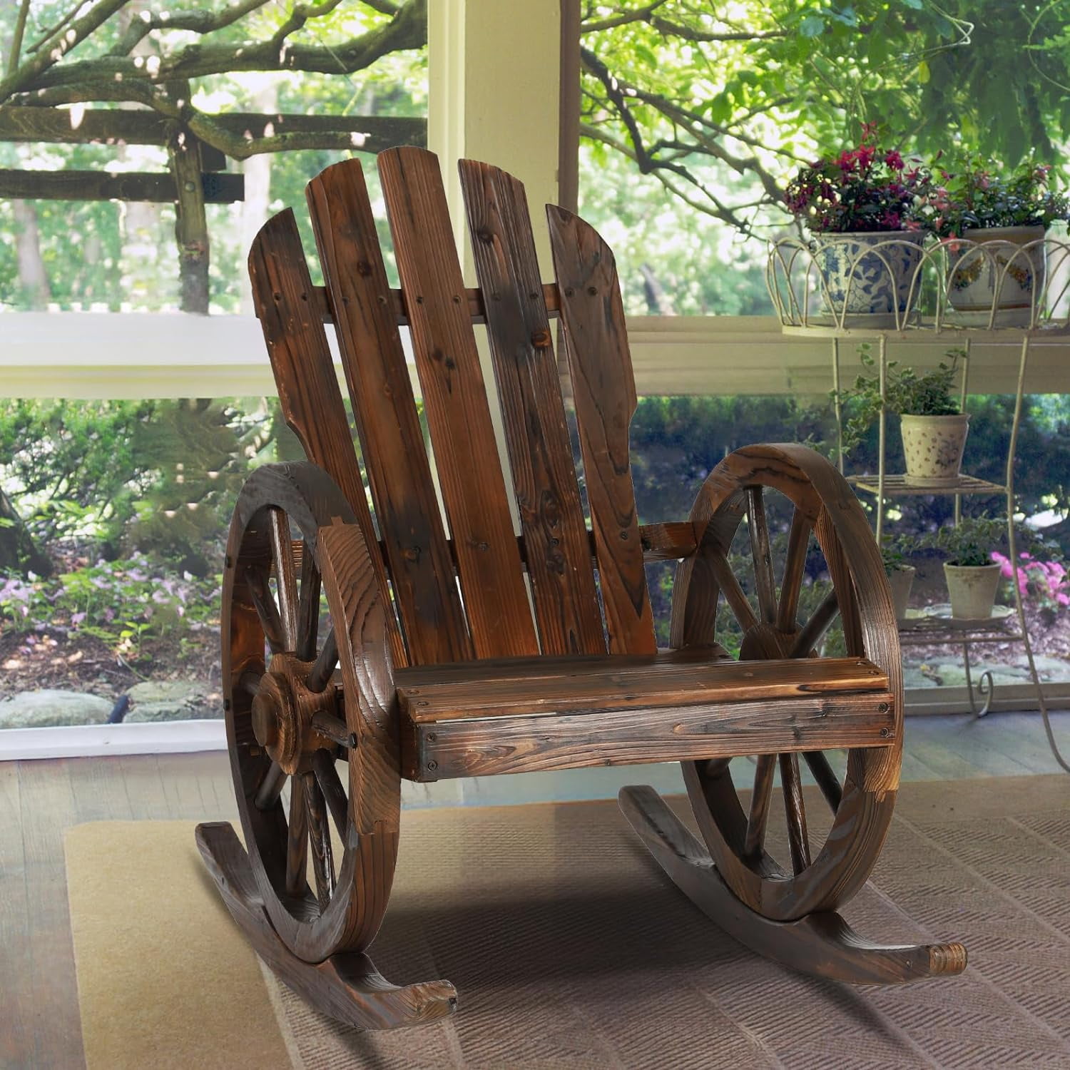 Outdoor Wood Wagon Rocking Chair, Patio Rustic Adirondack Porch Rocker ...