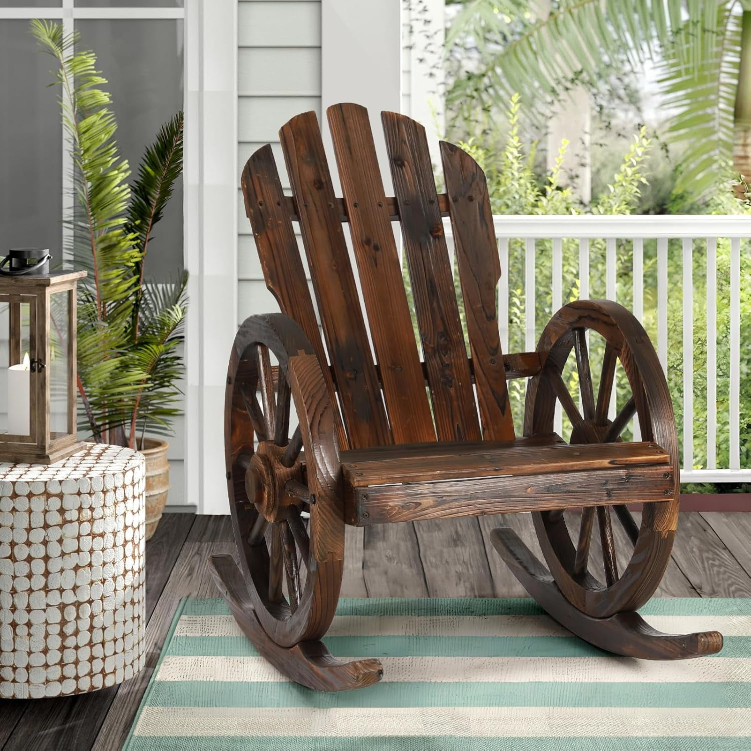 Outdoor Wood Wagon Rocking Chair, Patio Rustic Adirondack Porch Rocker ...