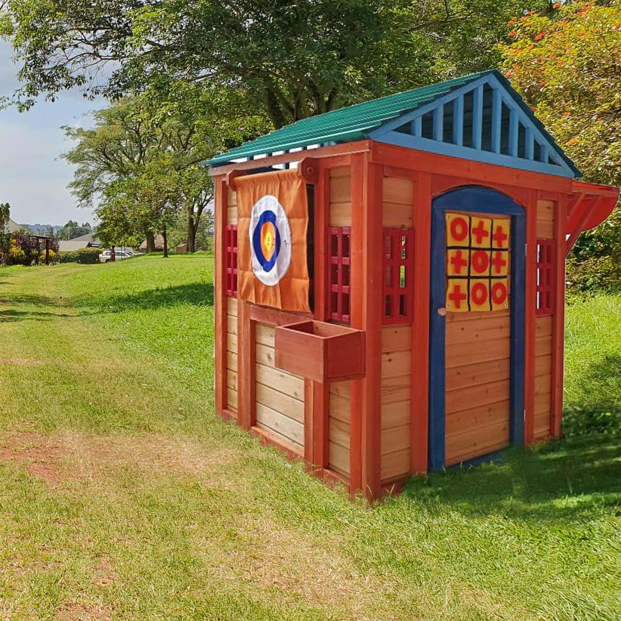 Outdoor Wooden 4-in-1 Game House for Kids Garden Playhouse with Surface ...