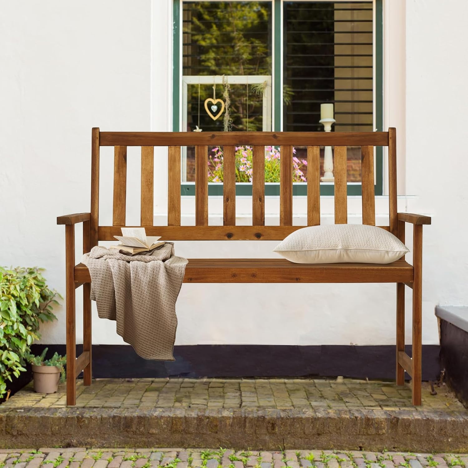Outdoor Wooden Bench,2-Person Garden Bench with Back and Armrest ...