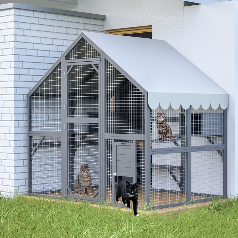 Outdoor Wooden Cat Catio - Large Solid Wood Cat Cage Playpen with 2 ...