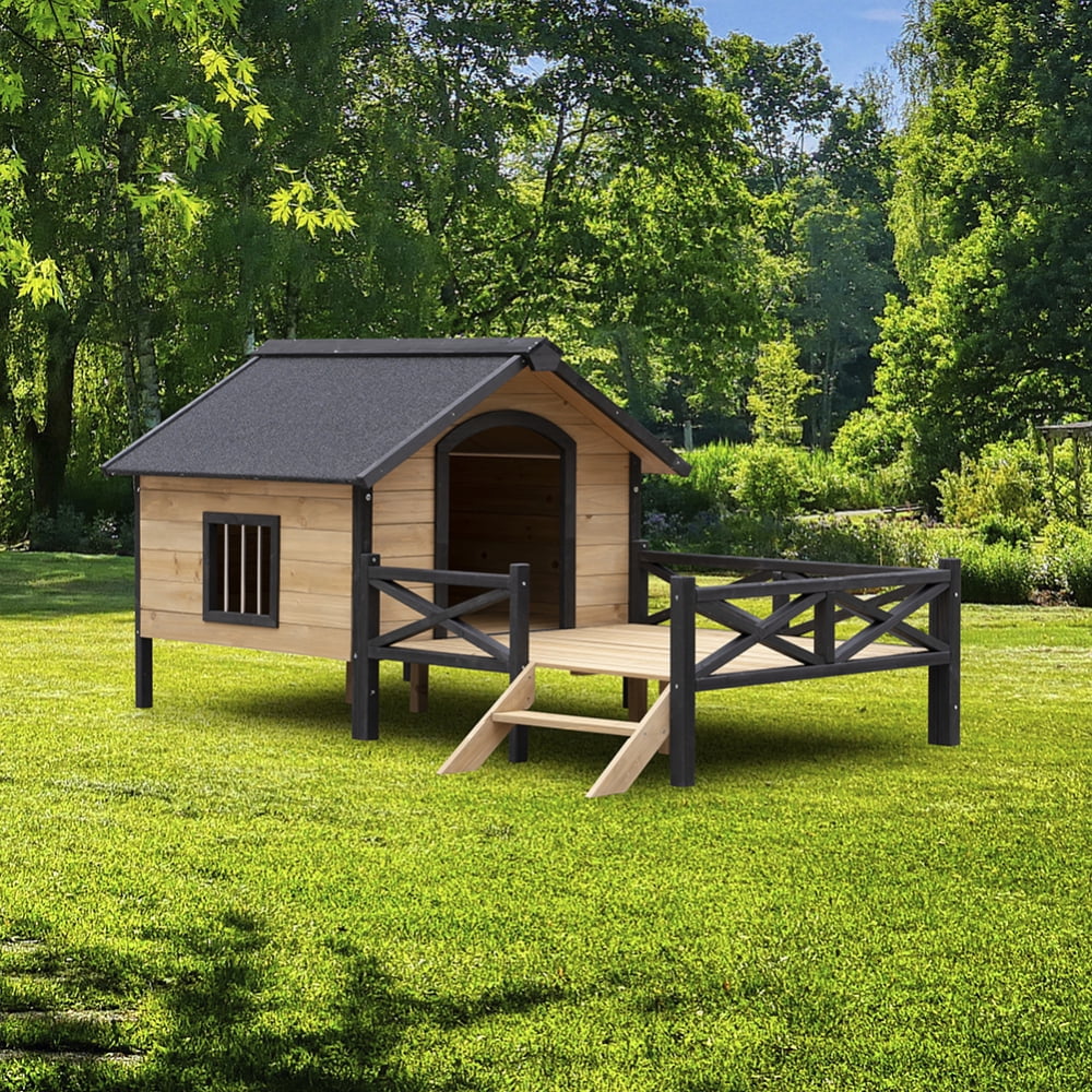 Outdoor Wooden Dog Kennel with Porch, Weatherproof Dog House Dog Kennel ...