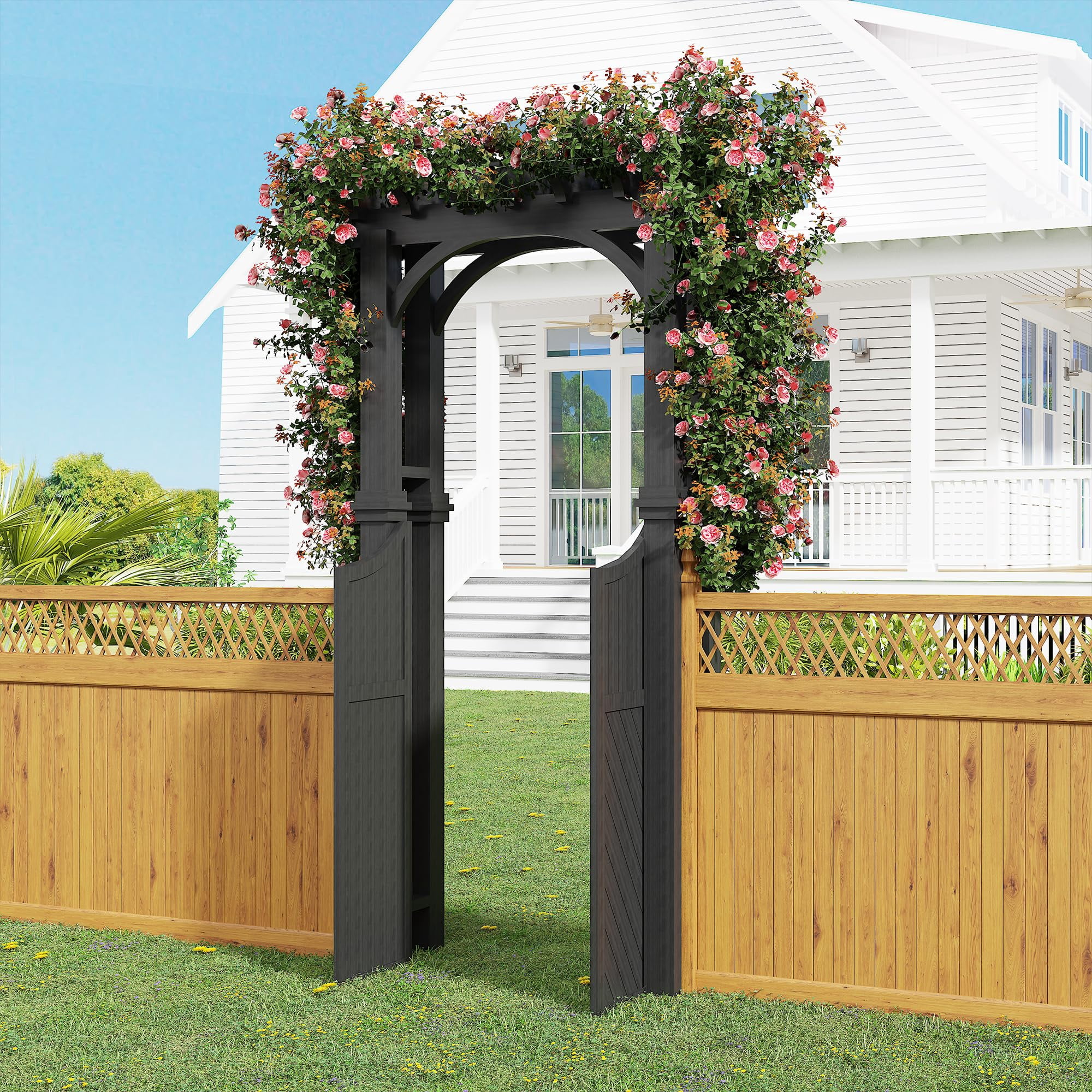 Outdoor Wooden Garden Arbor with Trellis & Gate, Fir Wood Arch for ...