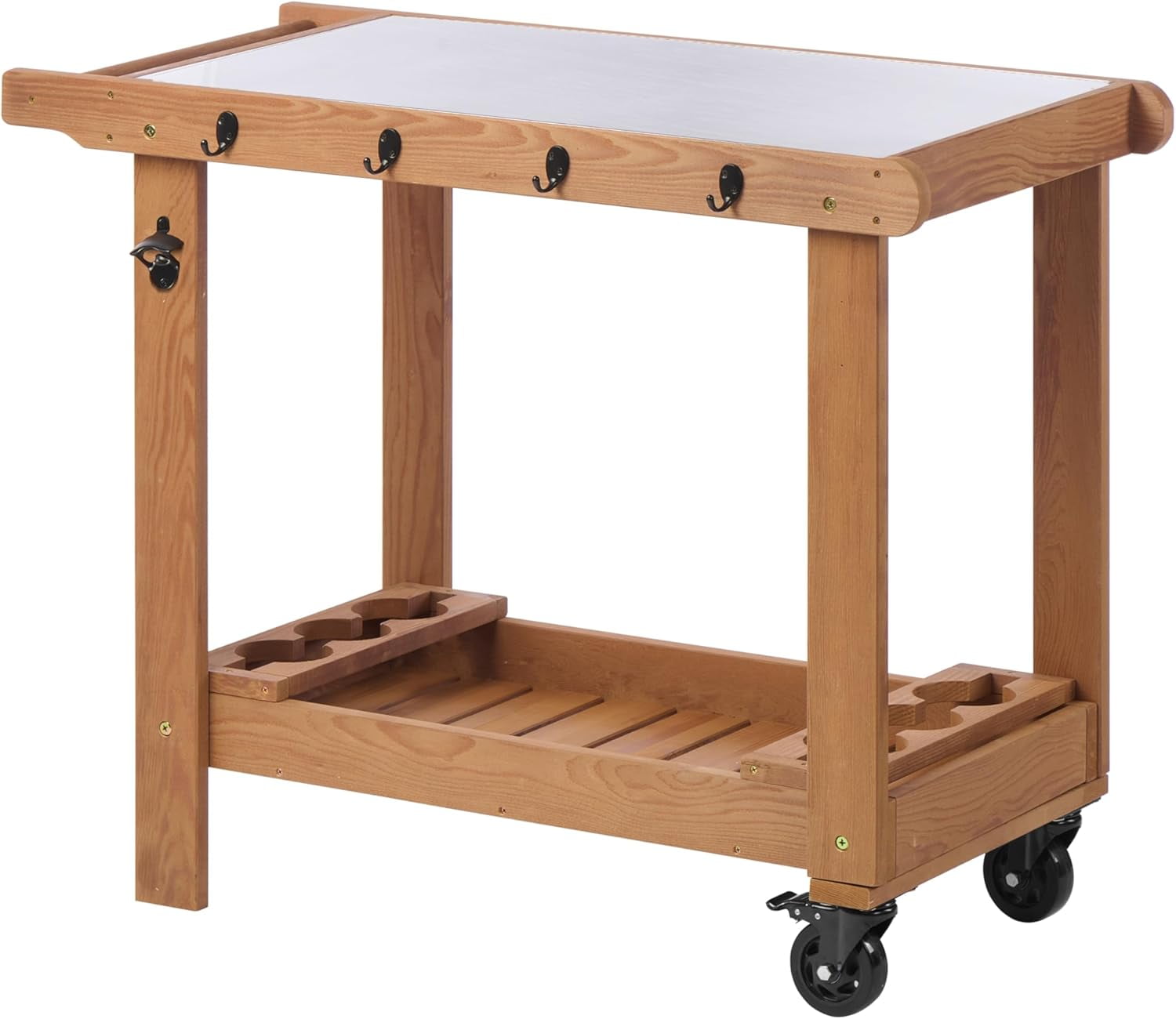 Outdoor Wooden Grill Cart Table with Wheels, Metal Top and Storage, for ...
