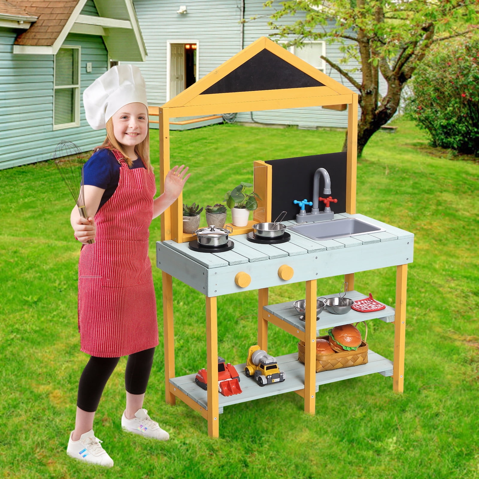 Outdoor Wooden Mud Kitchen Set for Toddlers, Transparent Root Viewer ...