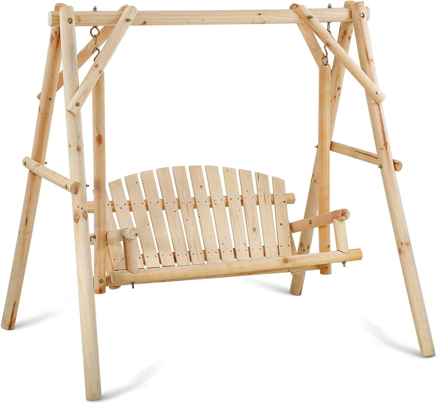 Outdoor Wooden Porch Swing 67 Inch Log Swing with Stand, A-Frame Yard ...