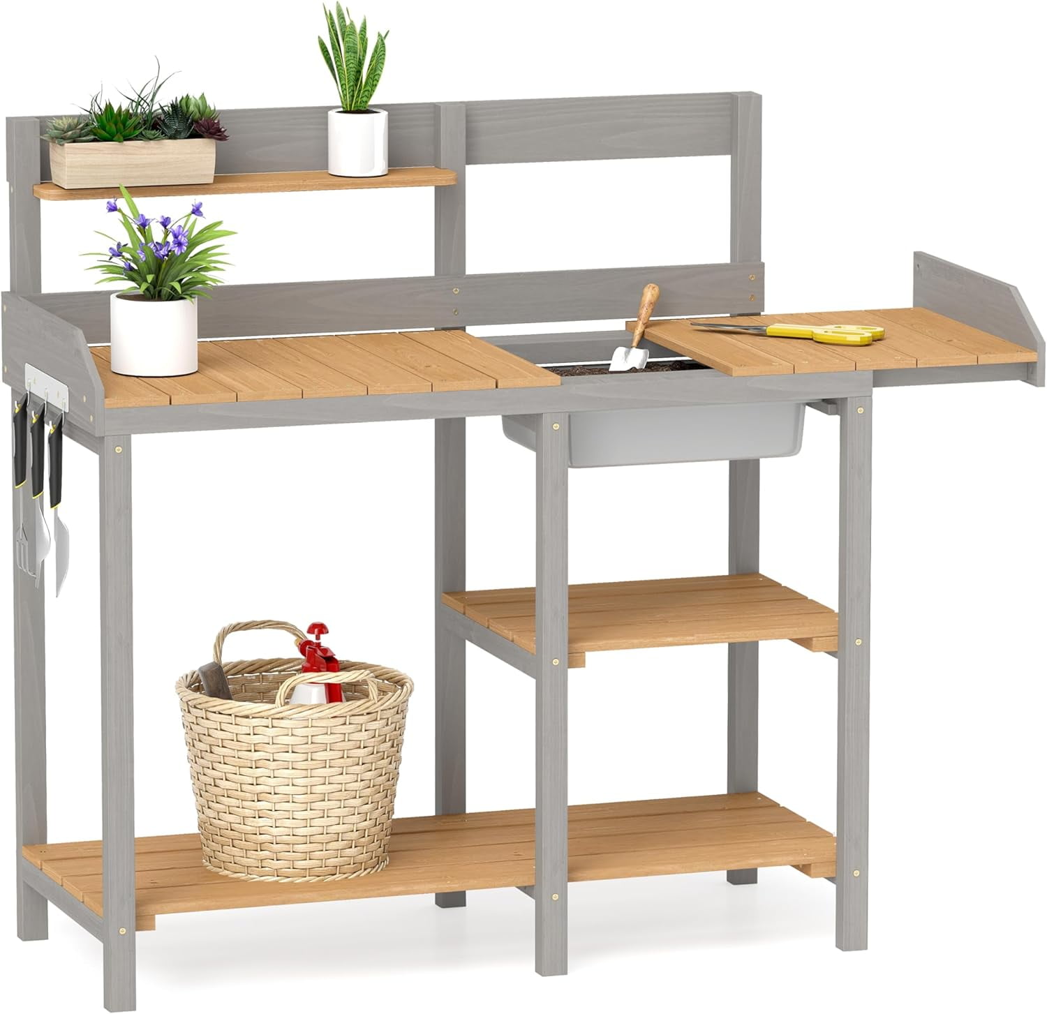 Outdoor Wooden Potting Bench Table with Sink, Garden Table Work Bench ...
