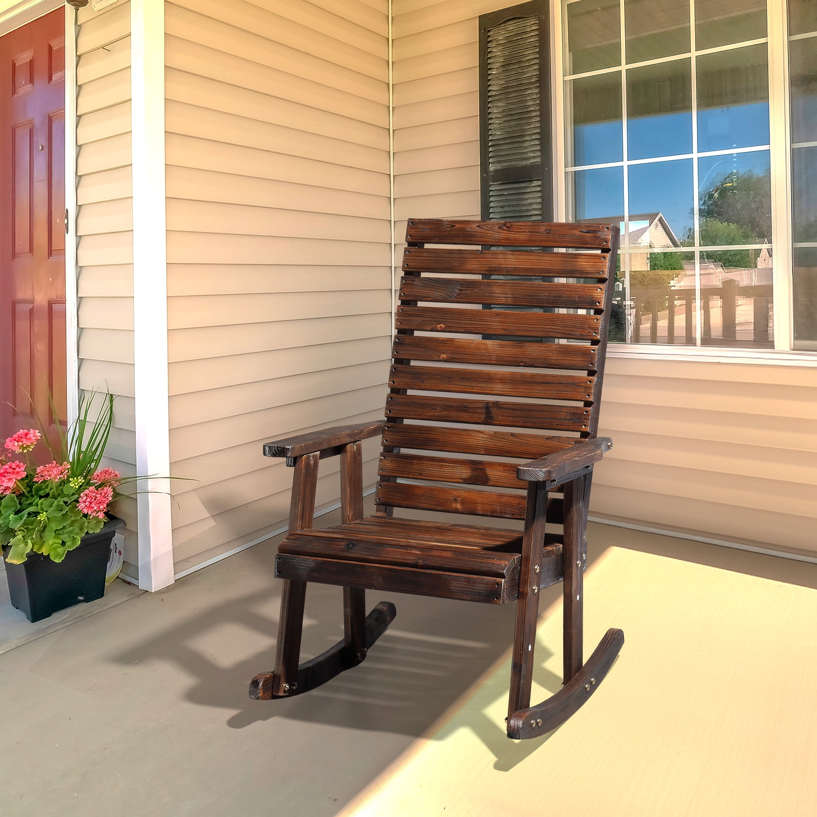 Outdoor Wooden Rocking Chair with High Backrest, Solid Fir Wood Outdoor ...