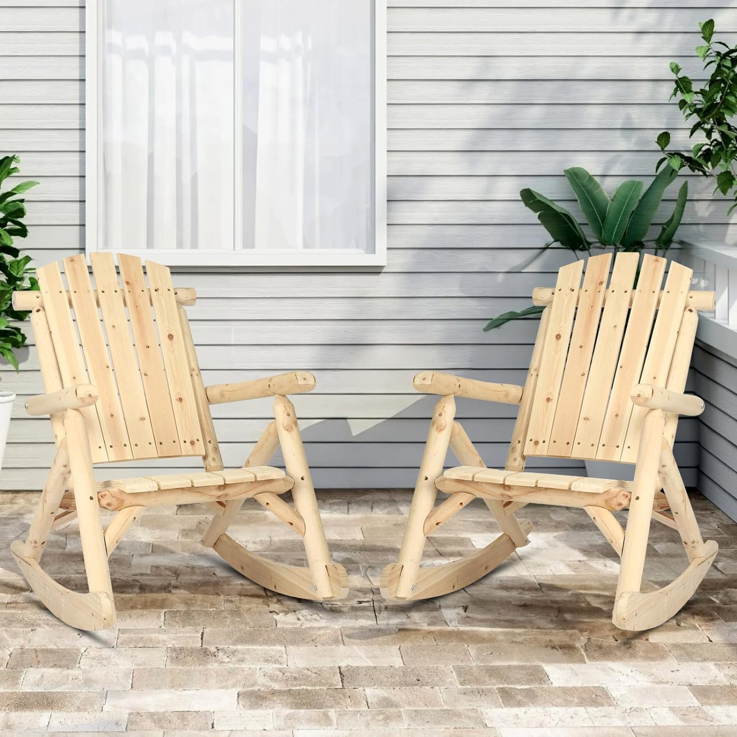 Outdoor Wooden Rocking Chair, Patio Log Rustic Adirondack Porch Rocker ...