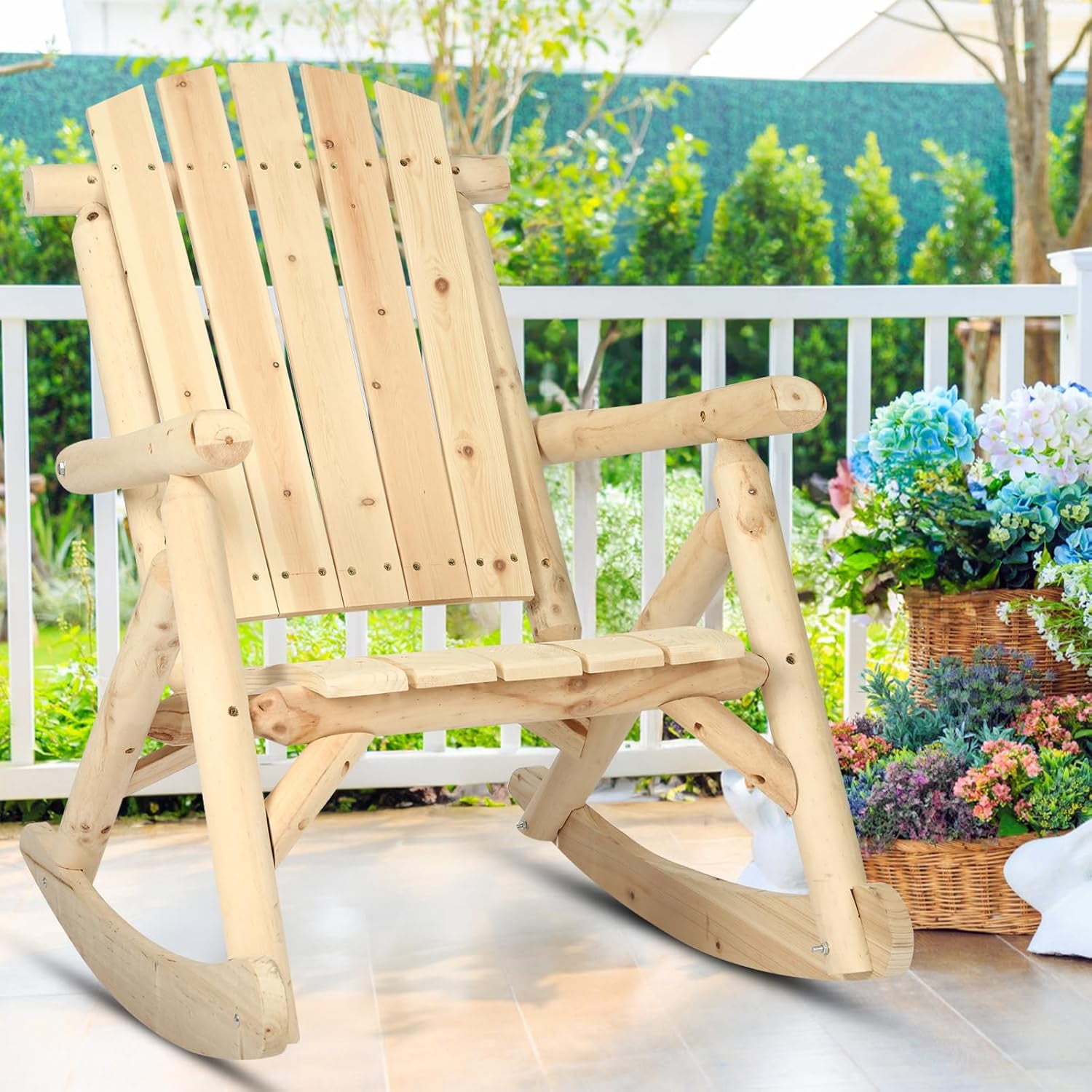 Outdoor Wooden Rocking Chair, Patio Log Rustic Adirondack Porch Rocker ...