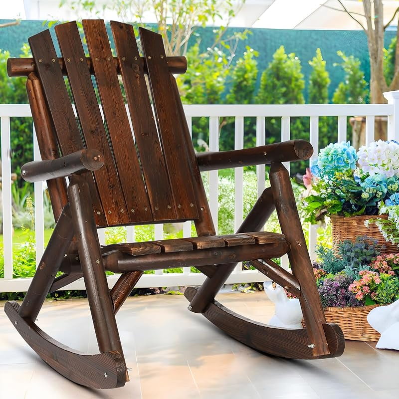 Outdoor Wooden Rocking Chair, Patio Log Rustic Adirondack Porch Rocker ...