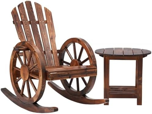 Outdoor Wooden Rocking Chairs Set, Wagon Wheel Armrest Yard Glider ...