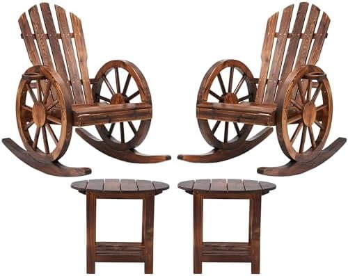 Outdoor Wooden Rocking Chairs Set, Wagon Wheel Armrest Yard Glider ...