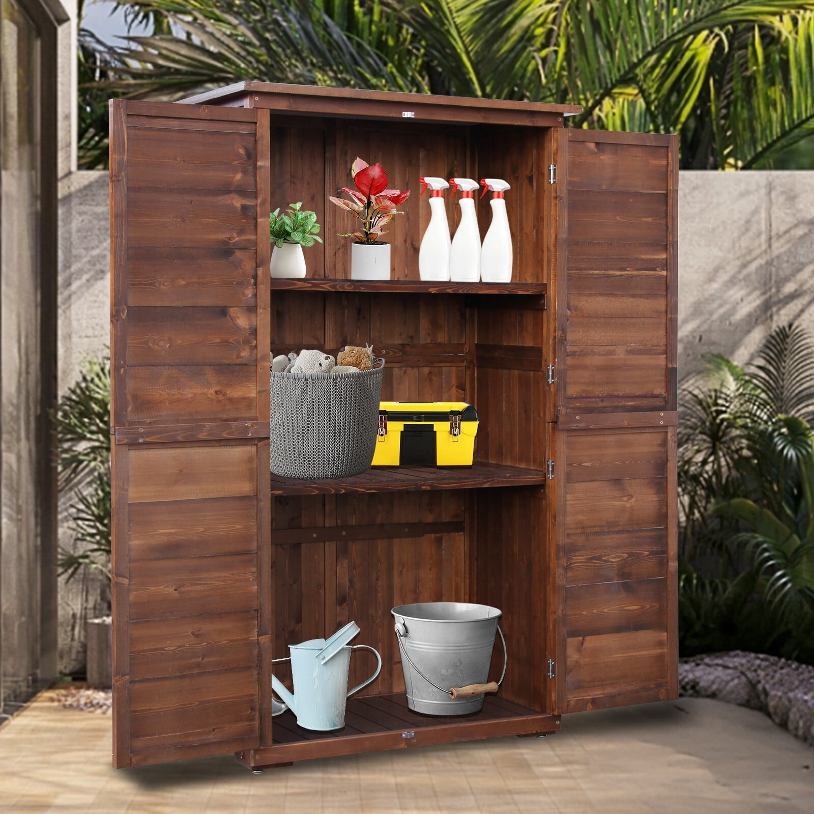 Outdoor Wooden Storage Cabinet with Waterproof PVC Roof - Walmart.com
