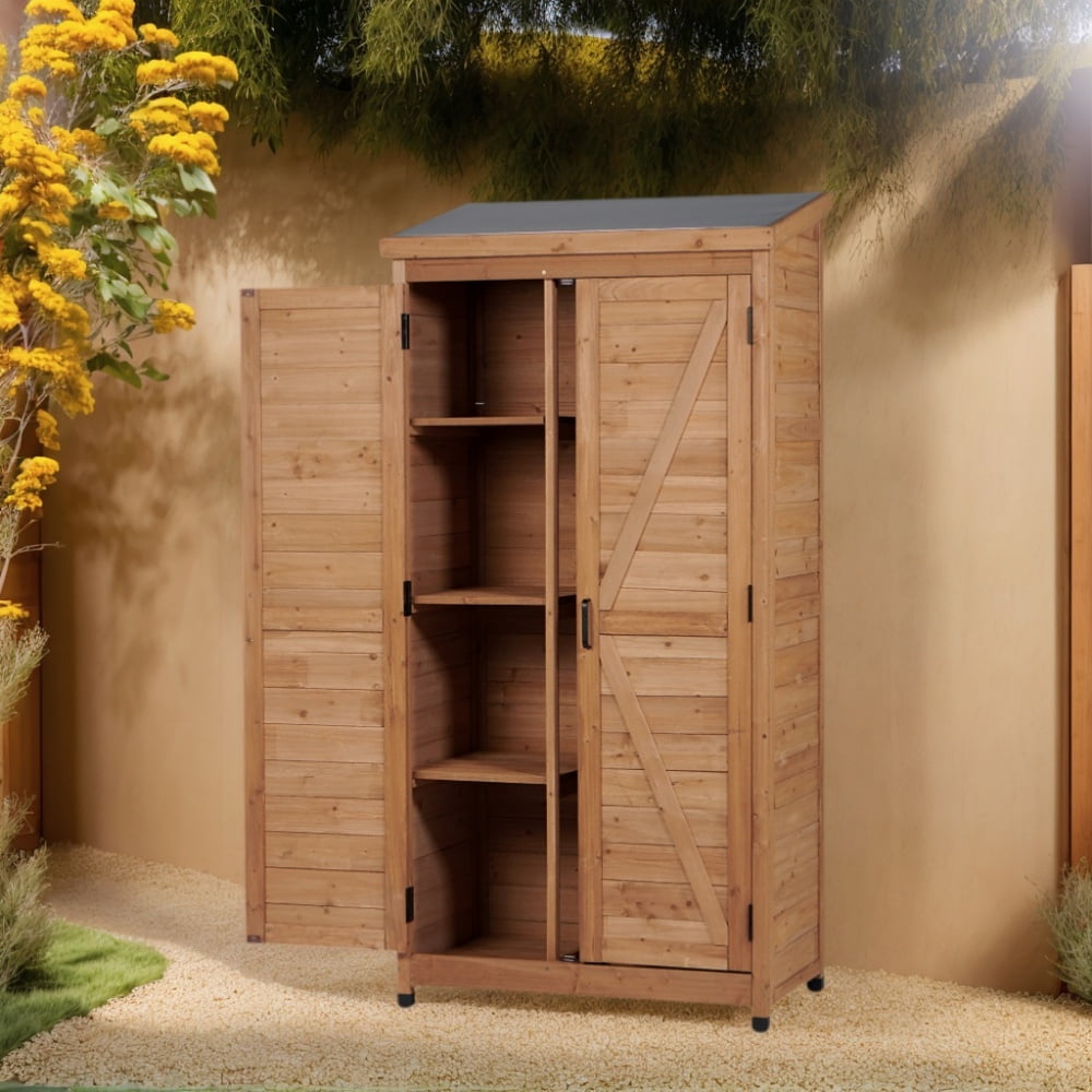 Outdoor Wooden Storage Shed with Metal Roof - Tall Vertical Tool ...