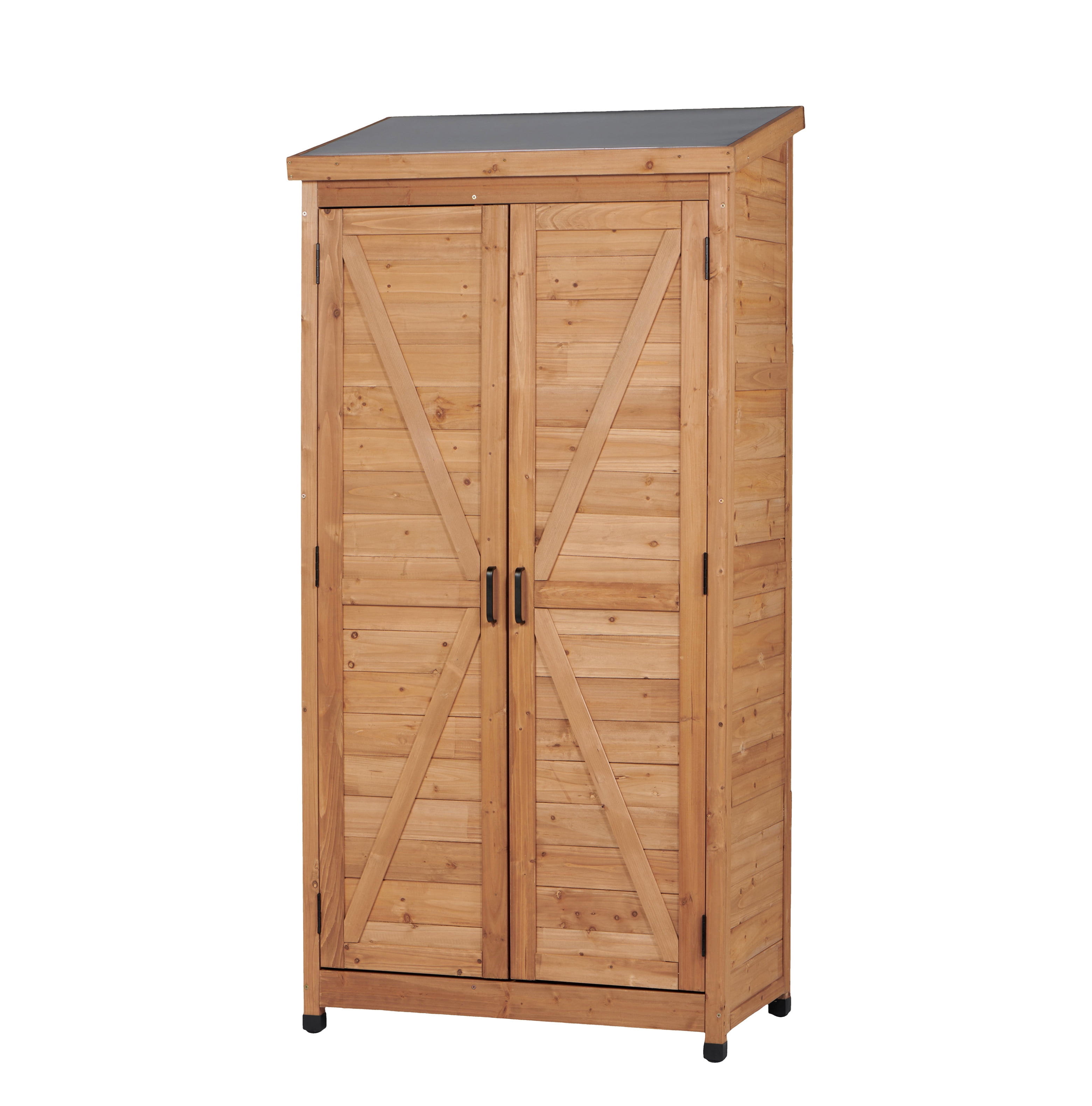 Outdoor Wooden Storage Shed with Metal Top Tall Vertical Tool Cabinet ...