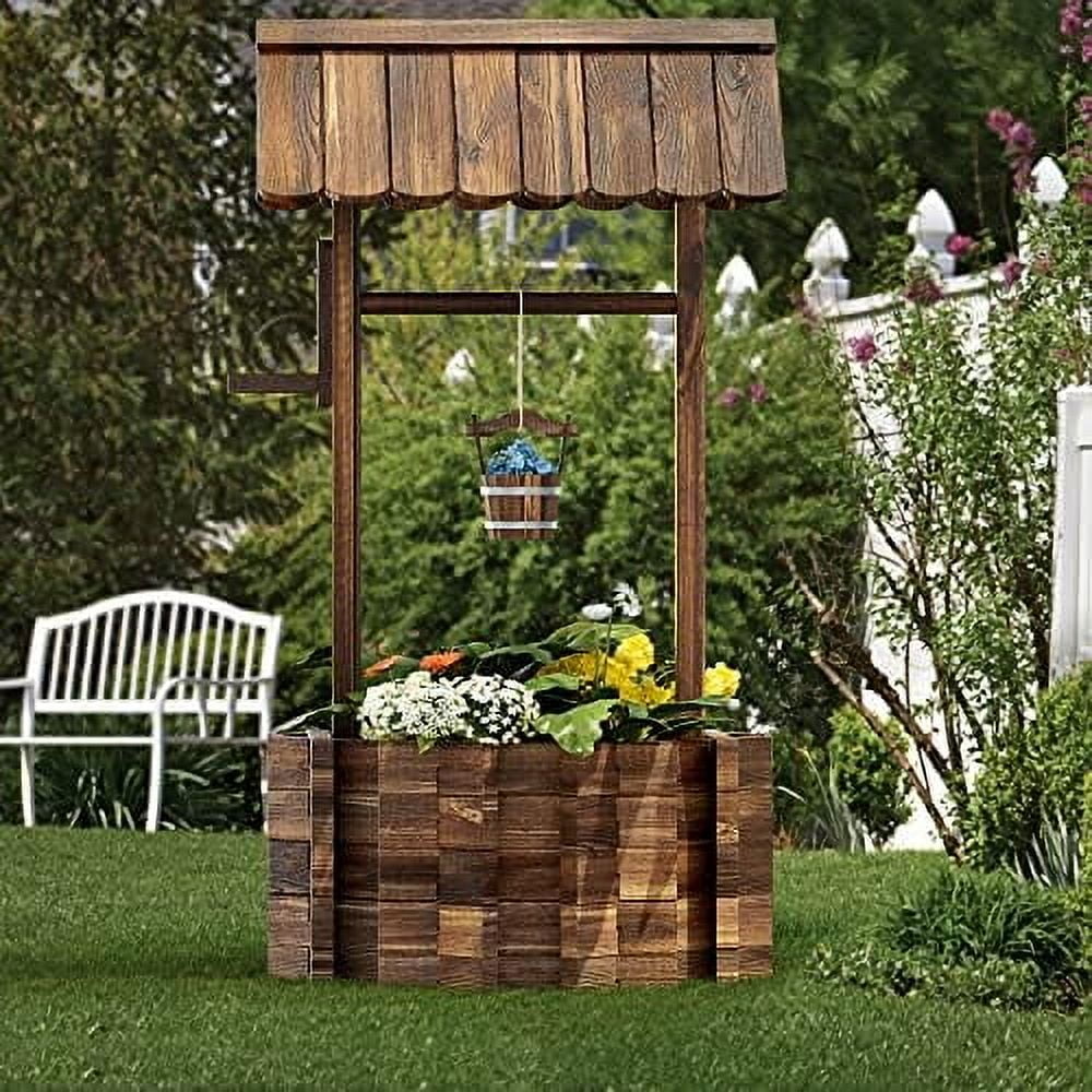 Outdoor Wooden Wishing Well Planters with Hanging Bucket, Garden Helper, Rustic Garden Decor for ...