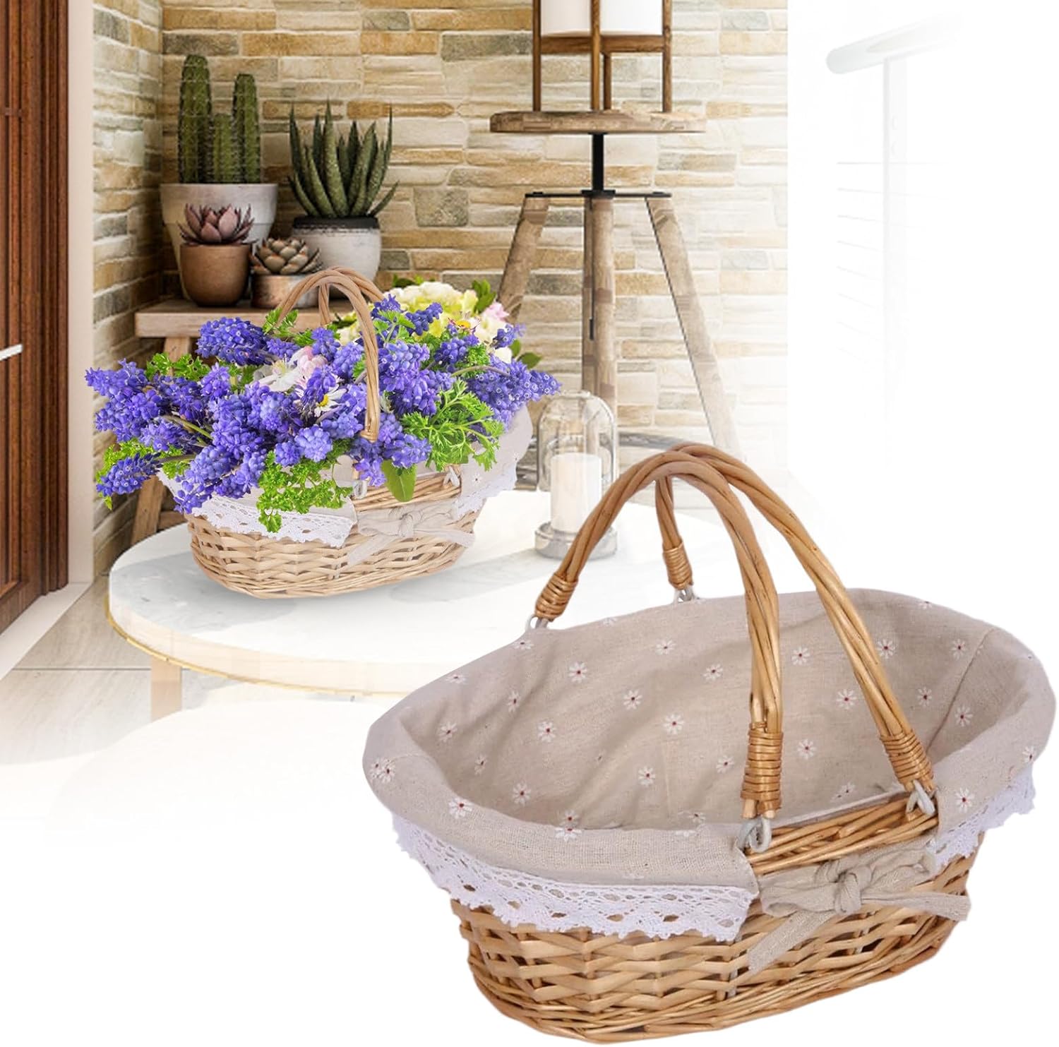 Outdoor Woven Flower Basket, Natural Woven Storage Basket for Picnic ...