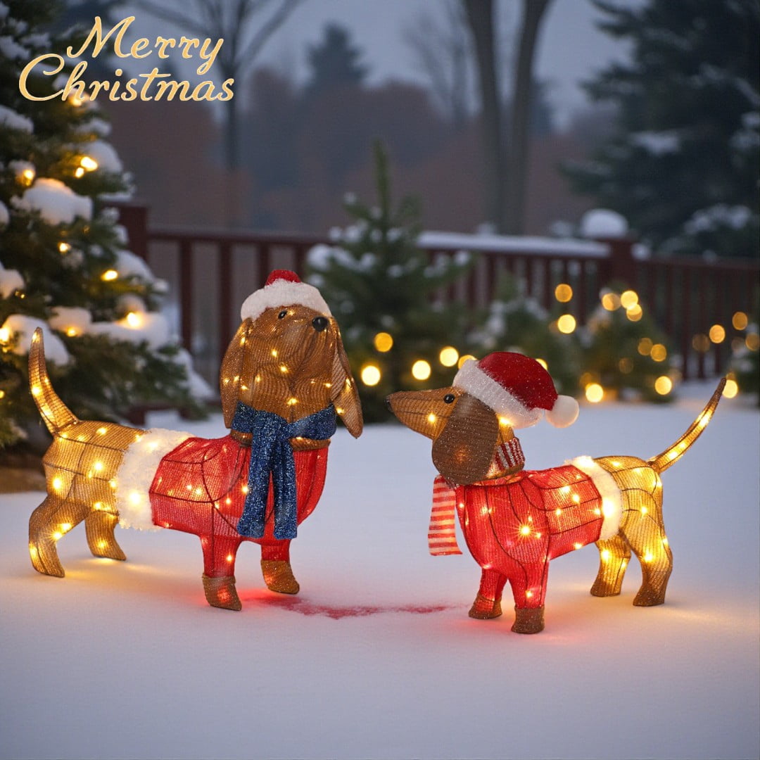 Outdoor Yard Decorations, 2 Piece Lighted Dachshund Dogs w/ 115 Warm ...