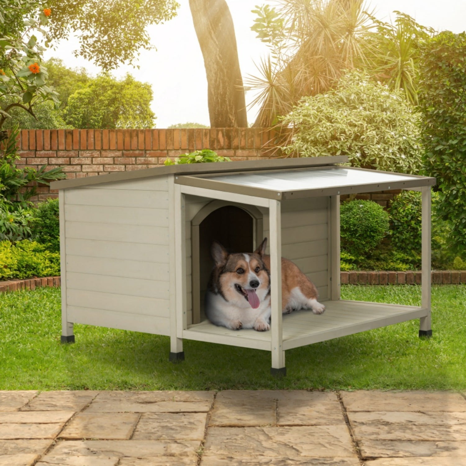 Outdoor fir wood dog house with open roof ideal for small to medium ...
